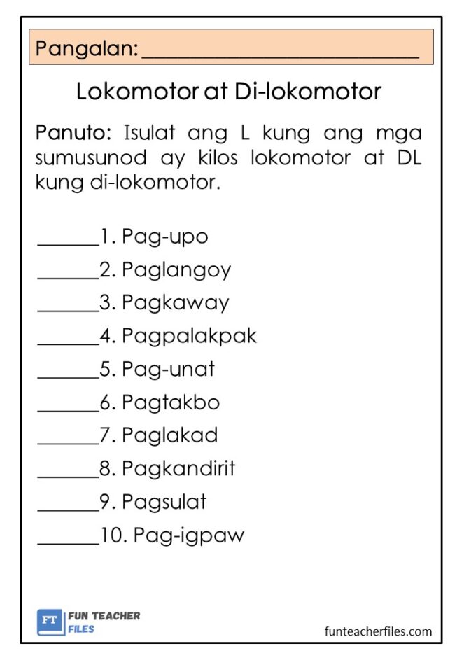 Lokomotor at Di-lokomotor Worksheet - Fun Teacher Files
