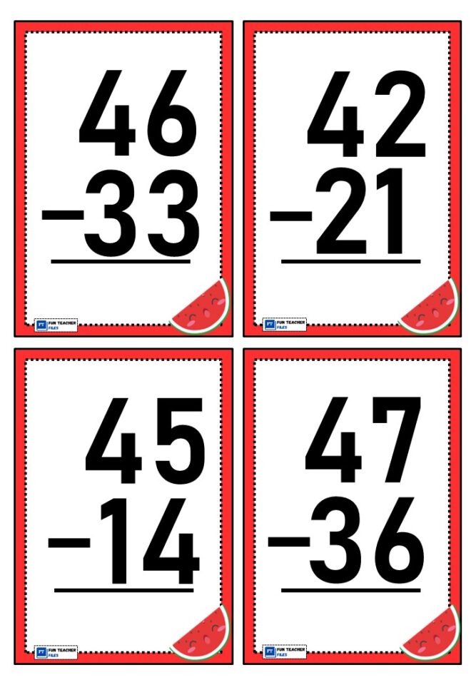 Two-Digit Subtraction without Regrouping Flashcards - Fun Teacher Files