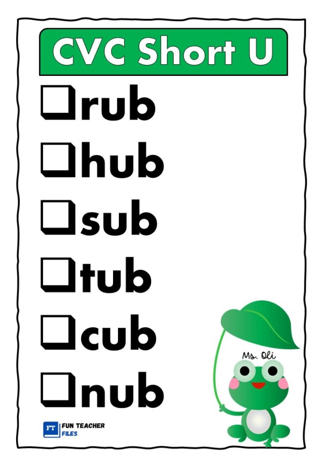 CVC Short U Word List - Fun Teacher Files