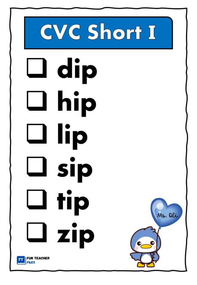 CVC Short I Word List - Fun Teacher Files
