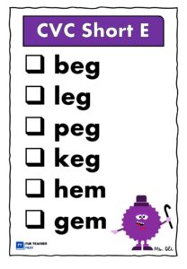 CVC Short E Word List - Fun Teacher Files