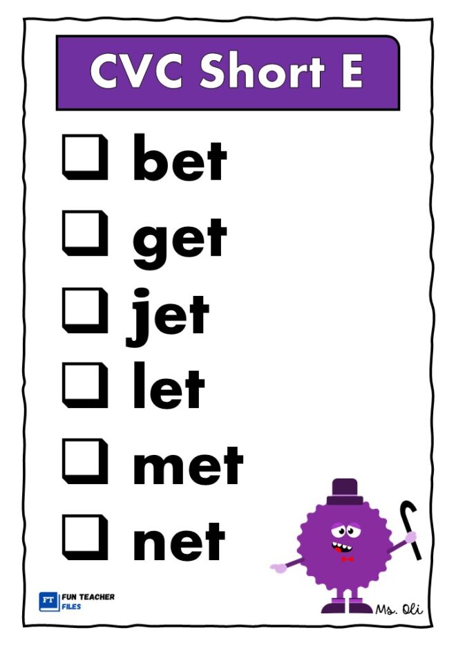 CVC Short E Word List - Fun Teacher Files