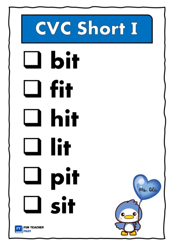 CVC Short I Word List - Fun Teacher Files
