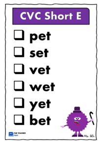 CVC Short E Word List - Fun Teacher Files