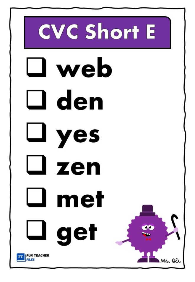 CVC Short E Word List - Fun Teacher Files