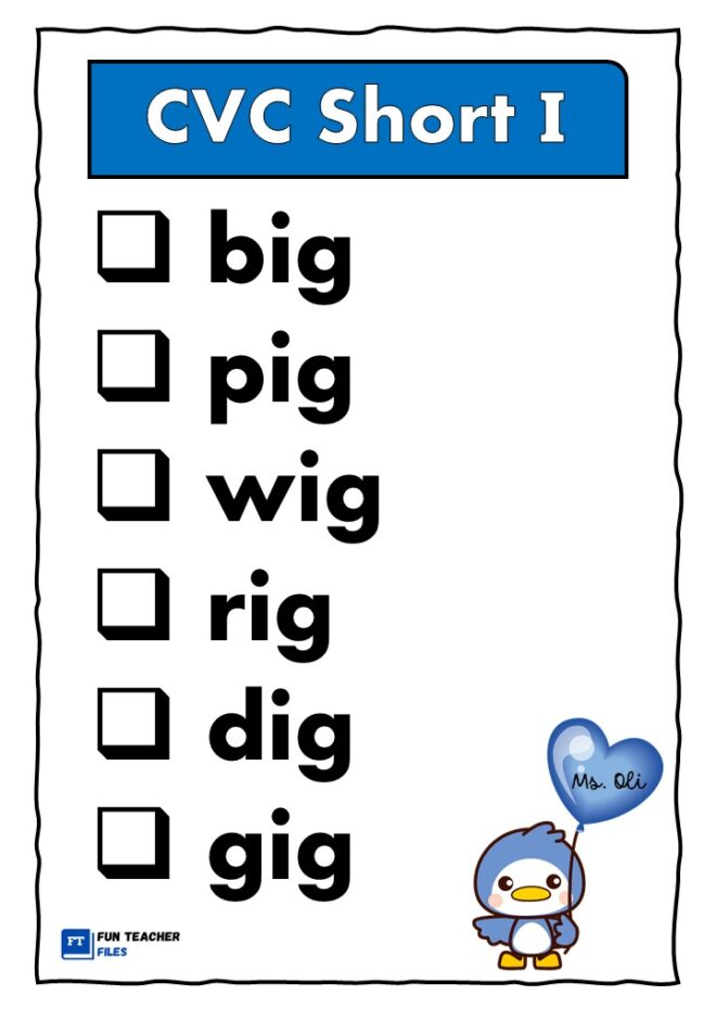 CVC Short I Word List - Fun Teacher Files