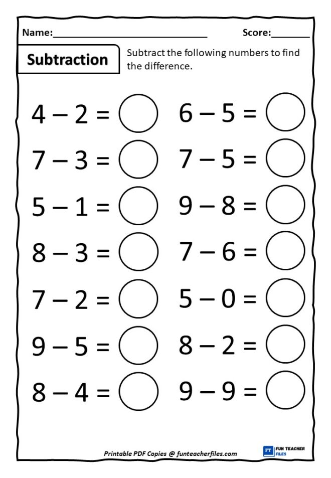 One Digit Subtraction Worksheets Set 1 Fun Teacher Files