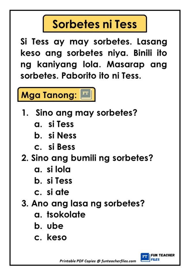 Filipino Reading Materials with Comprehension Questions Set 3 - Fun ...