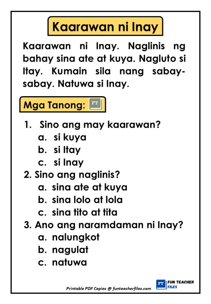 Filipino Reading Materials with Comprehension Questions Set 3 - Fun ...