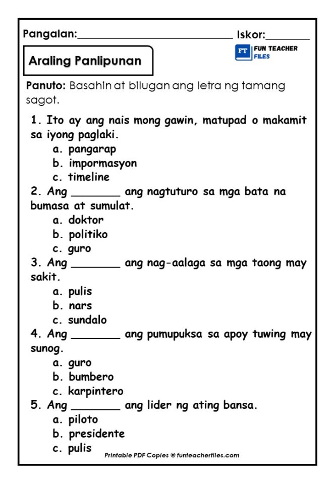 Pangarap Worksheet 1 - Fun Teacher Files