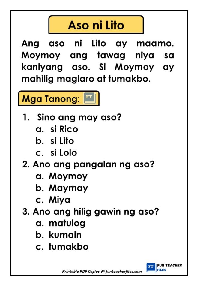 Filipino Reading Materials with Comprehension Questions Set 4 - Fun ...