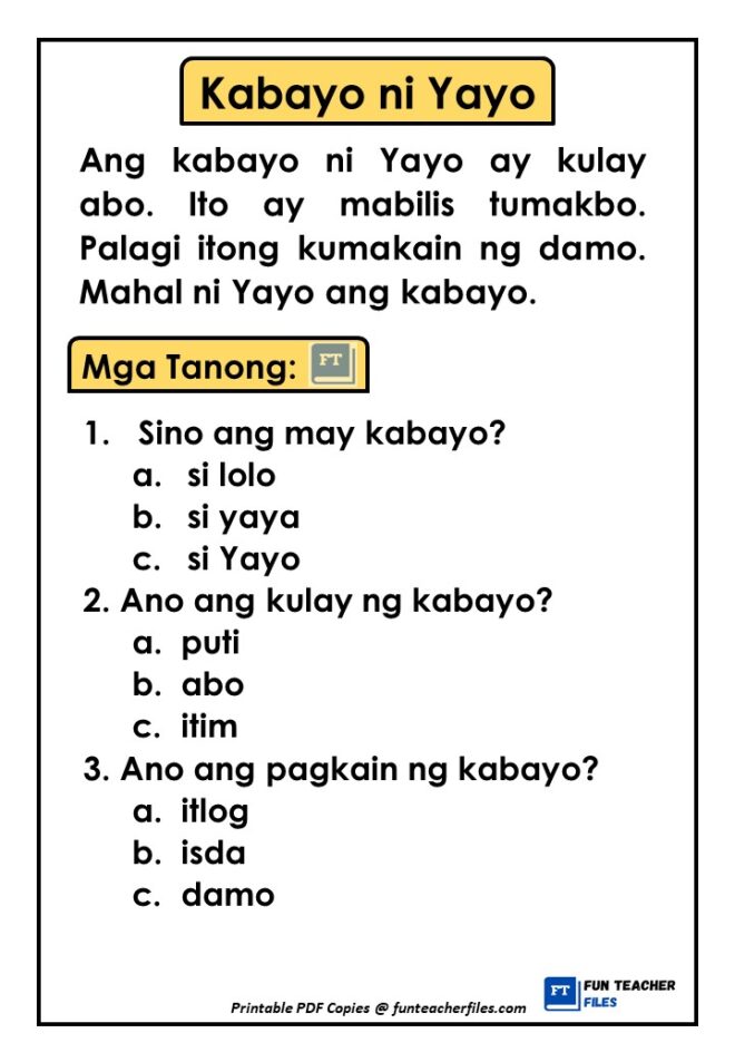 Filipino Reading Materials with Comprehension Questions Set 4 - Fun ...