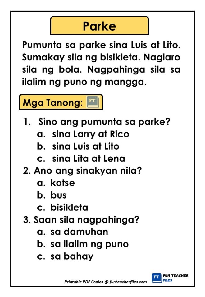 Filipino Reading Materials with Comprehension Questions Set 5 - Fun ...