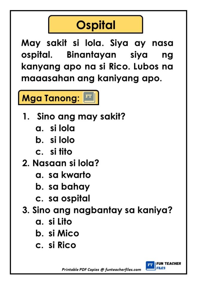 Filipino Reading Materials with Comprehension Questions Set 5 - Fun ...