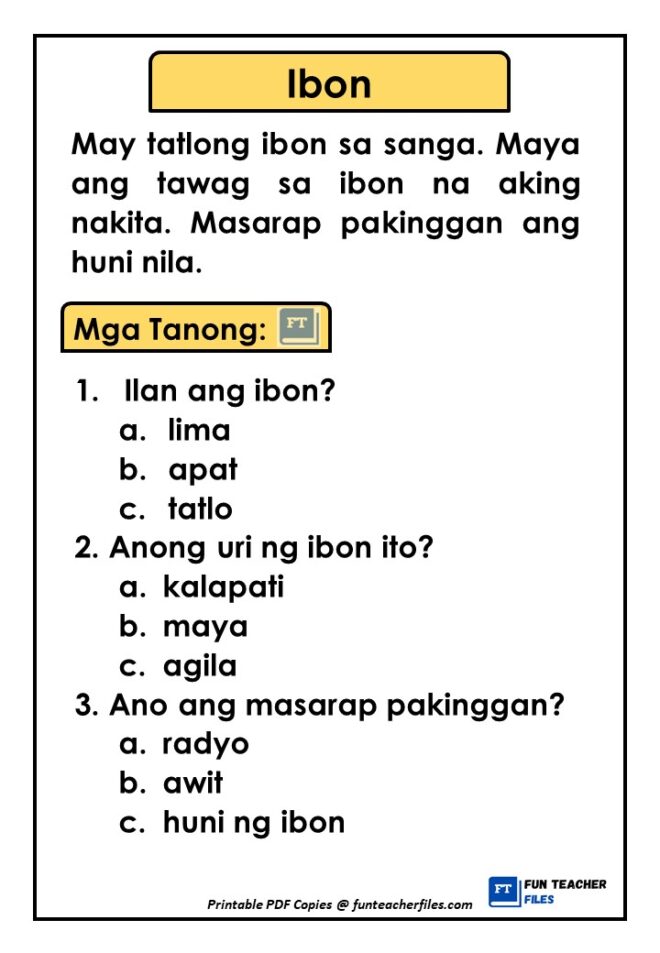Filipino Reading Materials with Comprehension Questions Set 4 - Fun ...