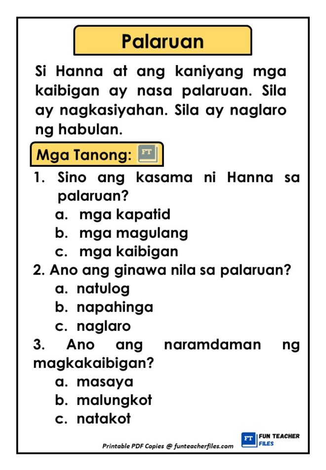 Filipino Reading Materials with Comprehension Questions Set 5 - Fun ...