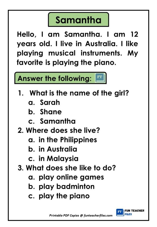 English Reading Passages with Comprehension Questions Set 2 - Fun ...