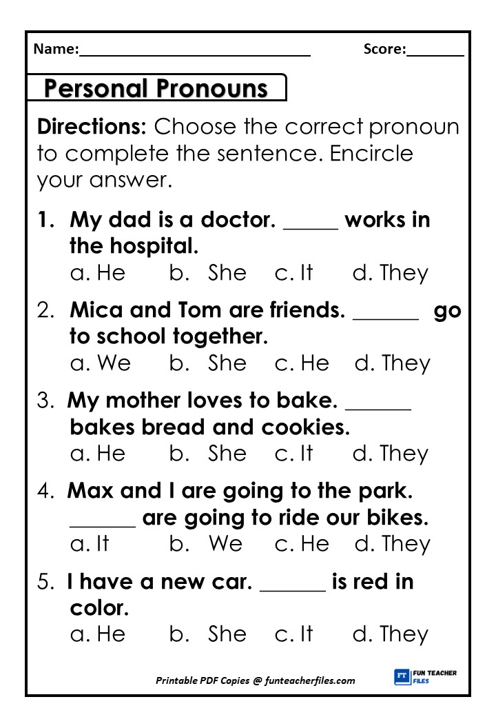 Personal Pronouns Worksheet 1 - Fun Teacher Files