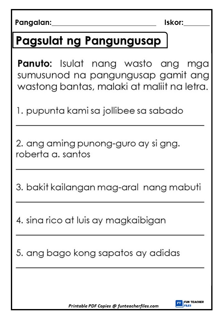 Wastong Pagsulat ng Pangungusap Worksheet 1 - Fun Teacher Files Wastong Pagsulat ng Pangungusap Worksheet 1 - Fun Teacher Files