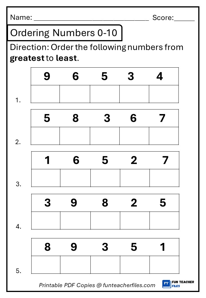 Ordering Numbers 0-10 Greatest to Least - Fun Teacher Files