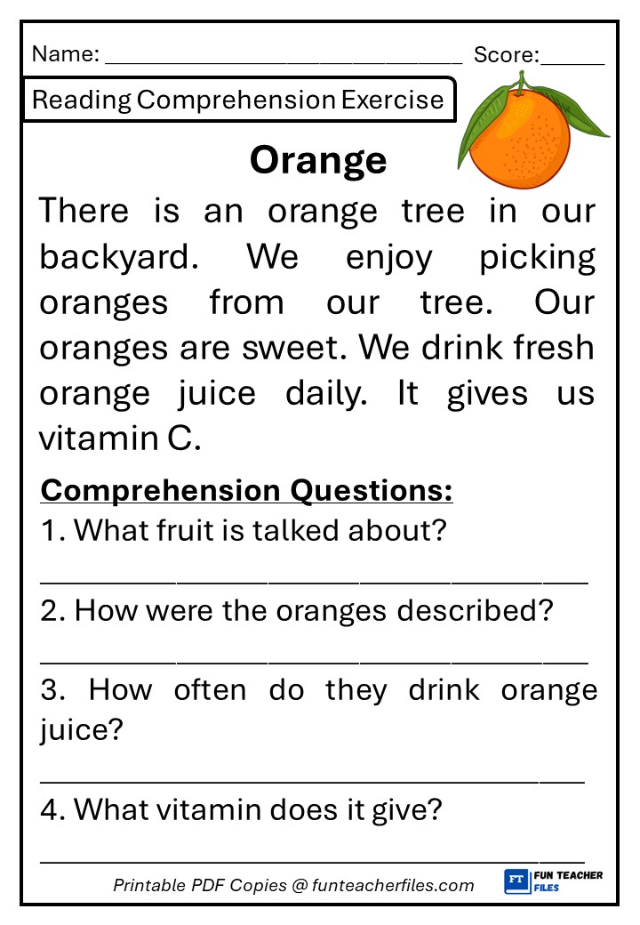Reading Comprehension Exercises Set 1 - Fruits - Fun Teacher Files