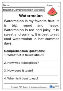 Reading Comprehension Exercise Set 1 - Fruits - Fun Teacher Files