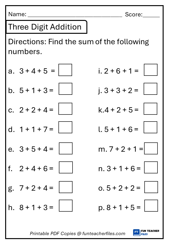 Three Digit Addition Worksheet 1 - Fun Teacher Files