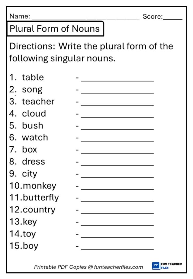 Plural Form of Nouns Worksheet Set 1 - Fun Teacher Files