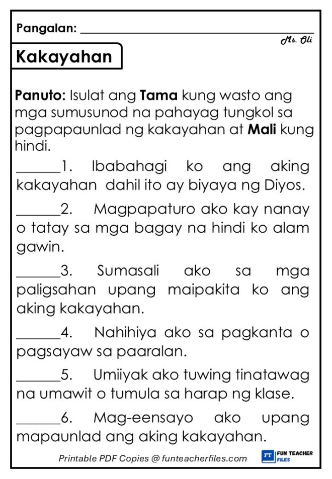Pagpapaunlad ng Kakayahan Worksheet 3 - Fun Teacher Files