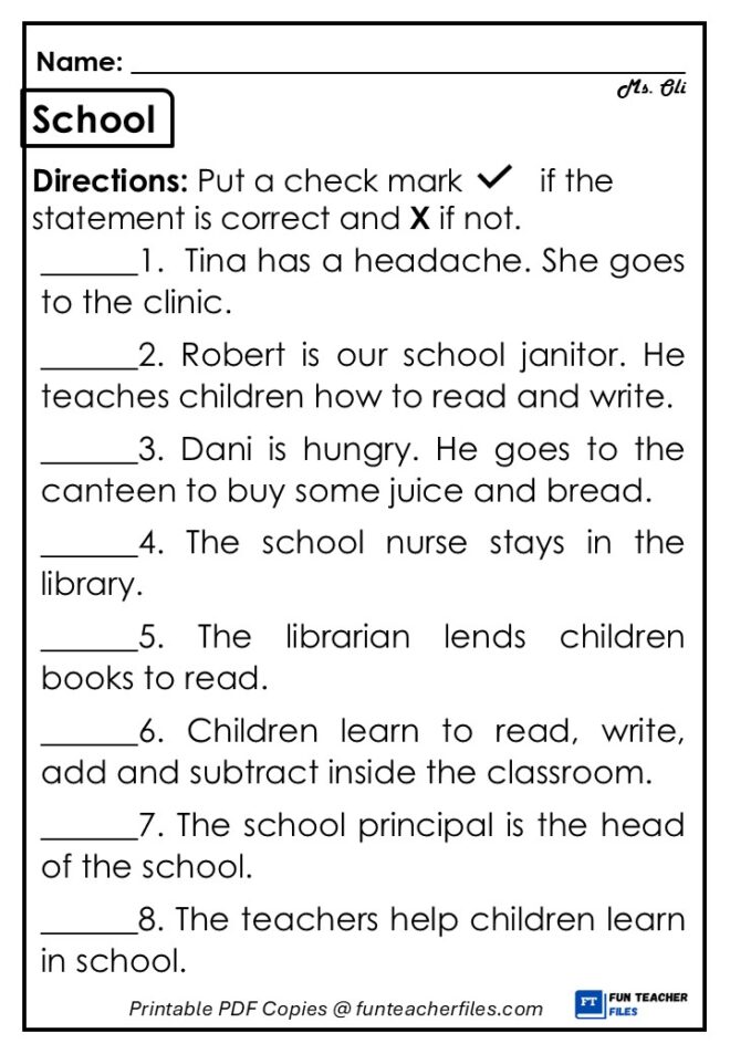 Parts and Members of the School Worksheet 1 - Fun Teacher Files