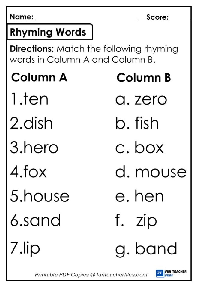 Rhyming Words Worksheet 3 - Fun Teacher Files