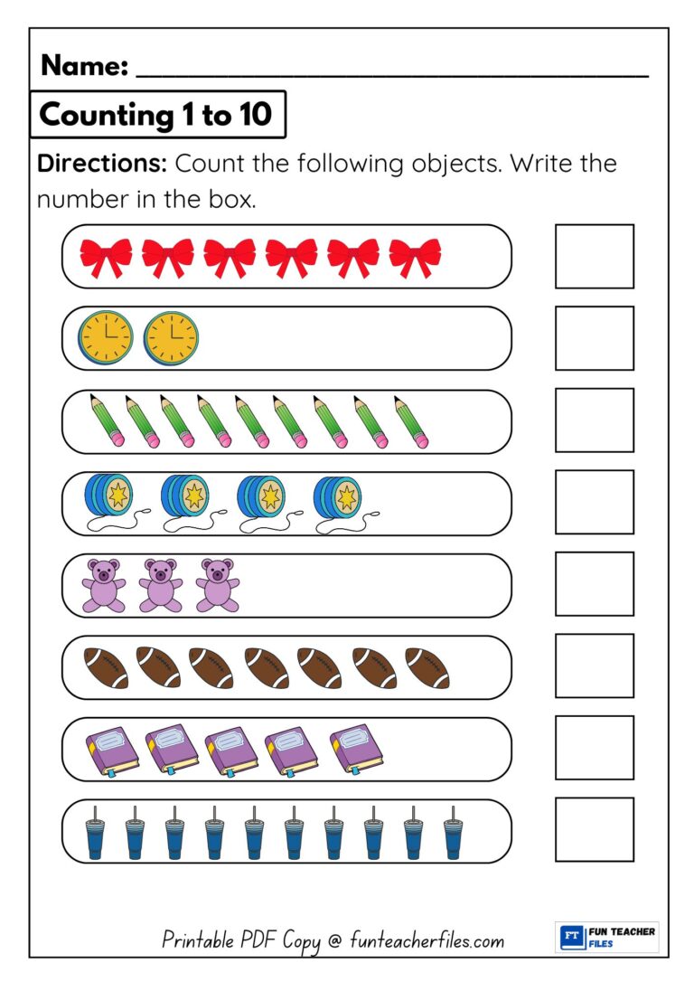 Counting Objects: Numbers 1 to 10 Worksheet 2 - Fun Teacher Files
