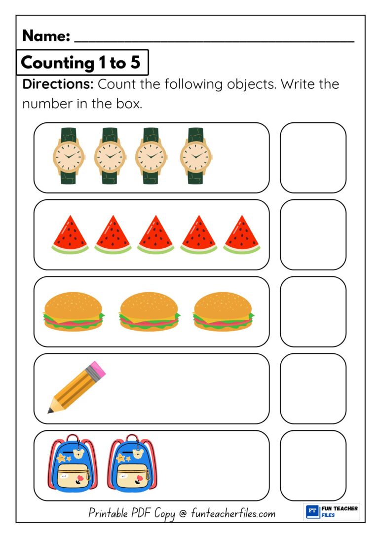 Counting Objects: Numbers 1 to 5 Worksheet 1 - Fun Teacher Files