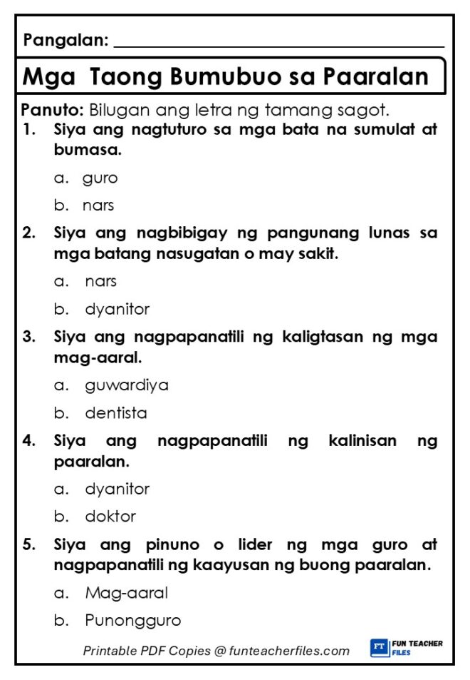 Mga Taong Bumubuo sa Paaralan Worksheet 1 - Fun Teacher Files