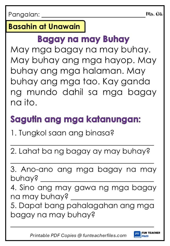 Filipino Reading Materials with Comprehension Questions Set 8 - Fun ...