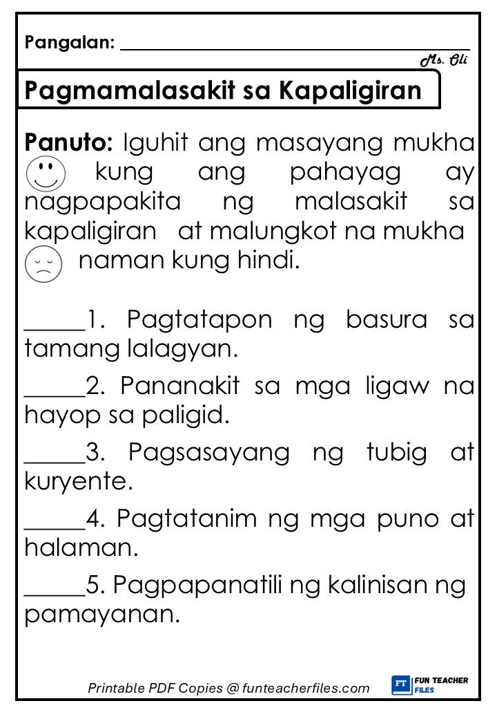 Pagmamalasakit sa Kapaligiran Worksheet 2 - Fun Teacher Files