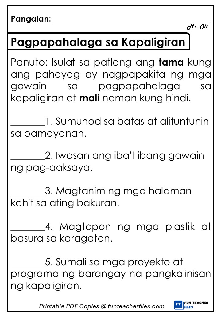Pagpapahalaga sa Kapaligiran Worksheet 2 - Fun Teacher Files