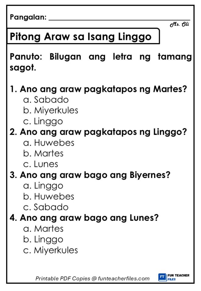 Pitong Araw sa Isang Linggo Worksheet 2 - Fun Teacher Files