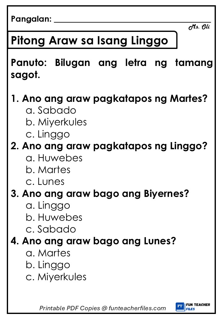 Pitong Araw sa Isang Linggo Worksheet 2 - Fun Teacher Files Pitong Araw sa Isang Linggo Worksheet 2 - Fun Teacher Files