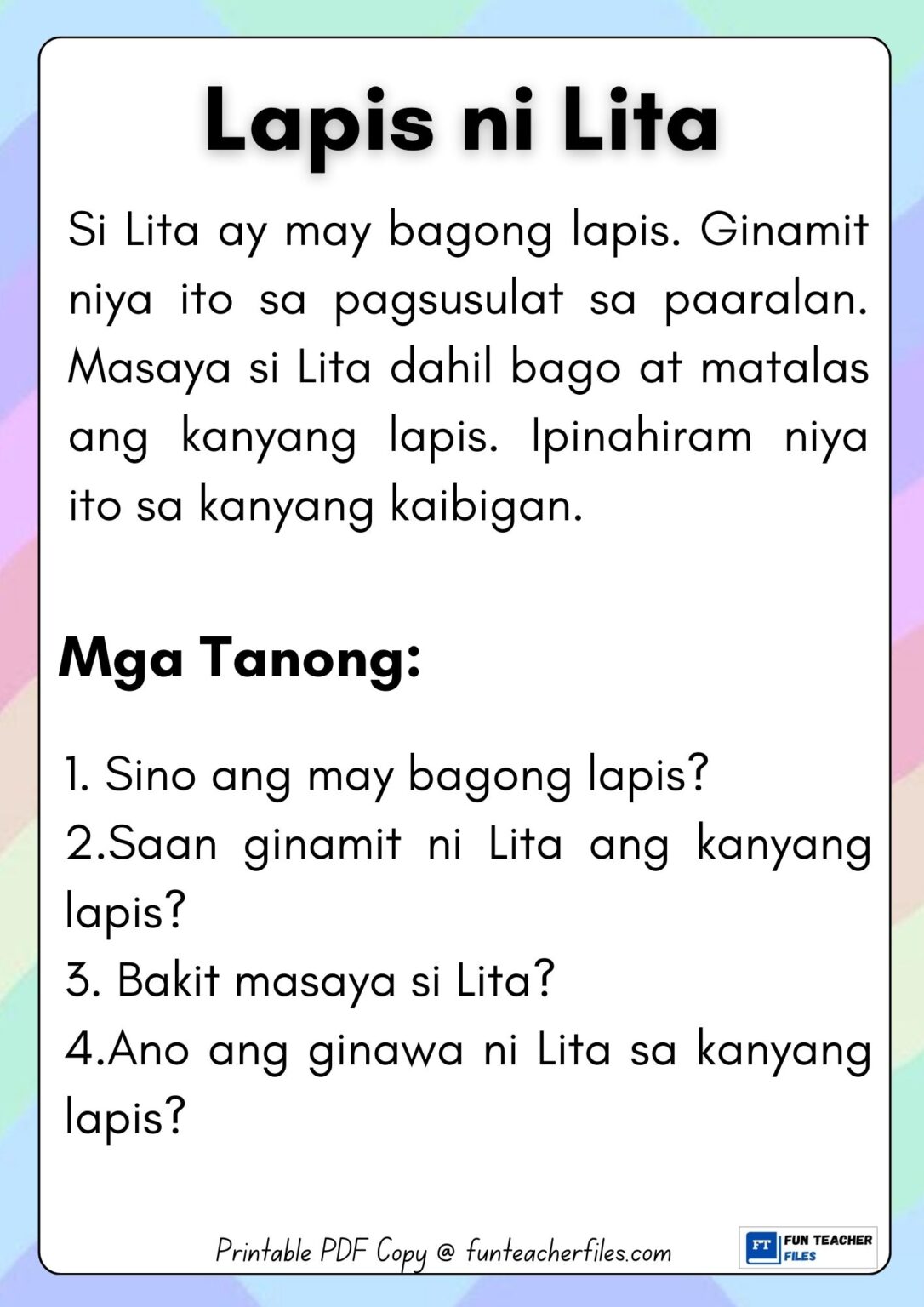 Filipino Reading Materials with Comprehension Questions Set 10 - Fun ...