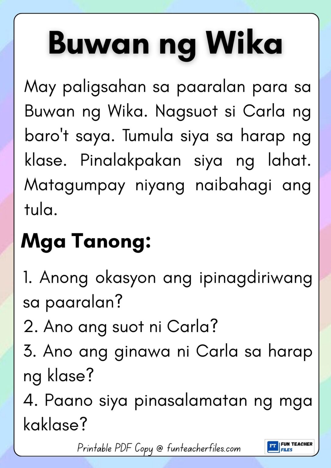 Filipino Reading Materials with Comprehension Questions Set 10 - Fun ...