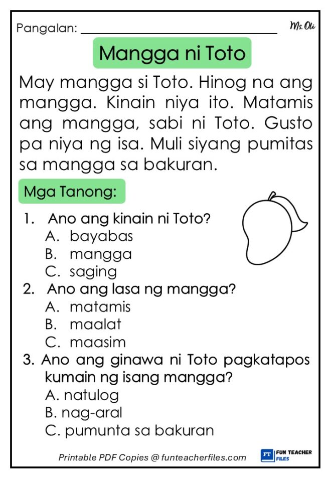 Filipino Reading Materials with Comprehension Questions Set 13 - Fun ...