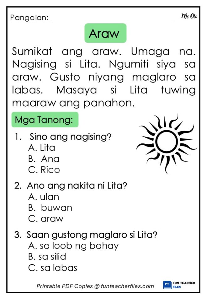 Filipino Reading Materials with Comprehension Questions Set 13 - Fun ...
