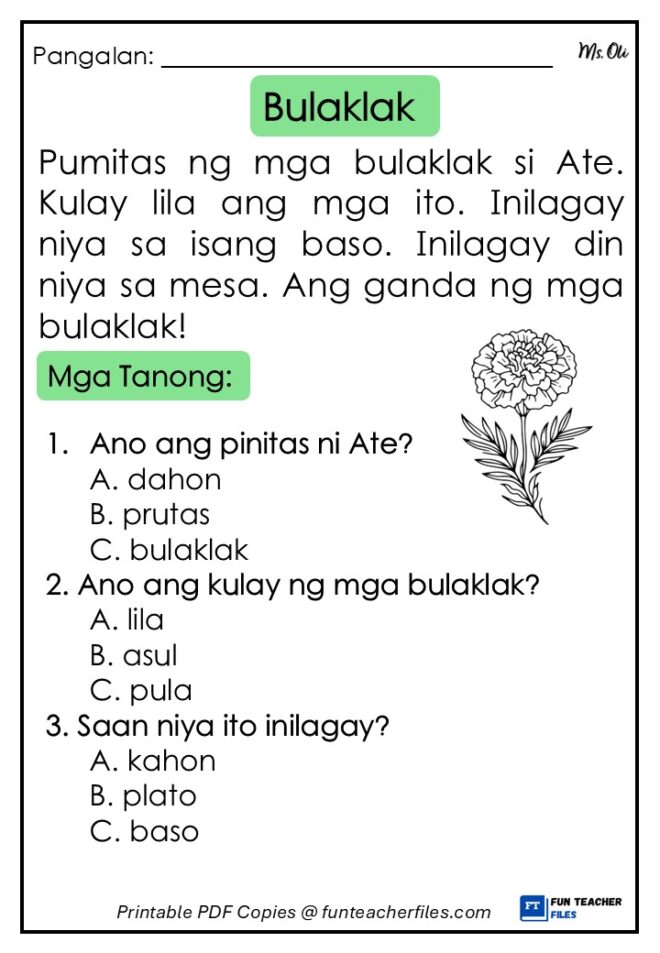 Filipino Reading Materials with Comprehension Questions Set 13 - Fun ...