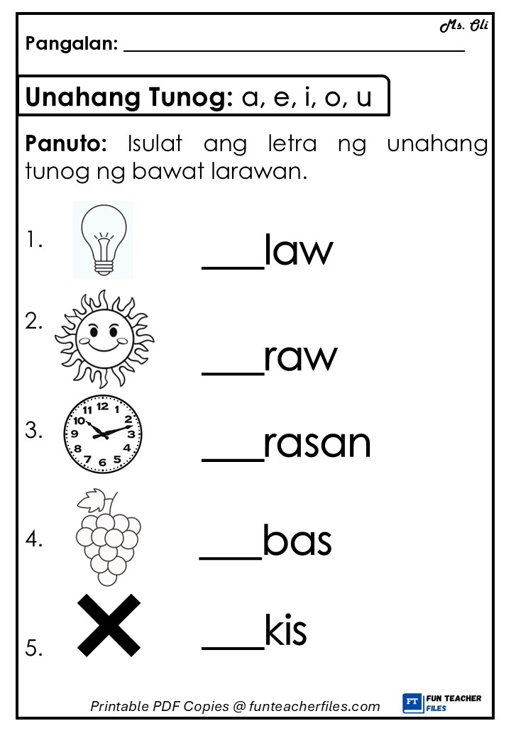 Unahang Tunog Worksheet 1 A E I O U - Fun Teacher Files