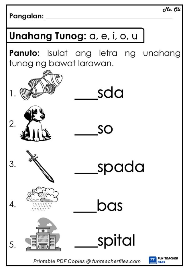 Unahang Tunog Worksheet 2 A E I O U - Fun Teacher Files