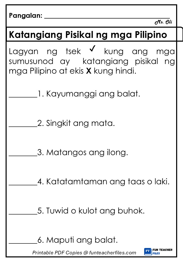 Katangiang Pisikal ng mga Pilipino Worksheet 1 - Fun Teacher Files