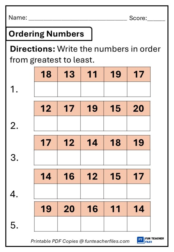 Order Numbers 11 to 20 from Greatest to Least Worksheet 1 - Fun Teacher ...