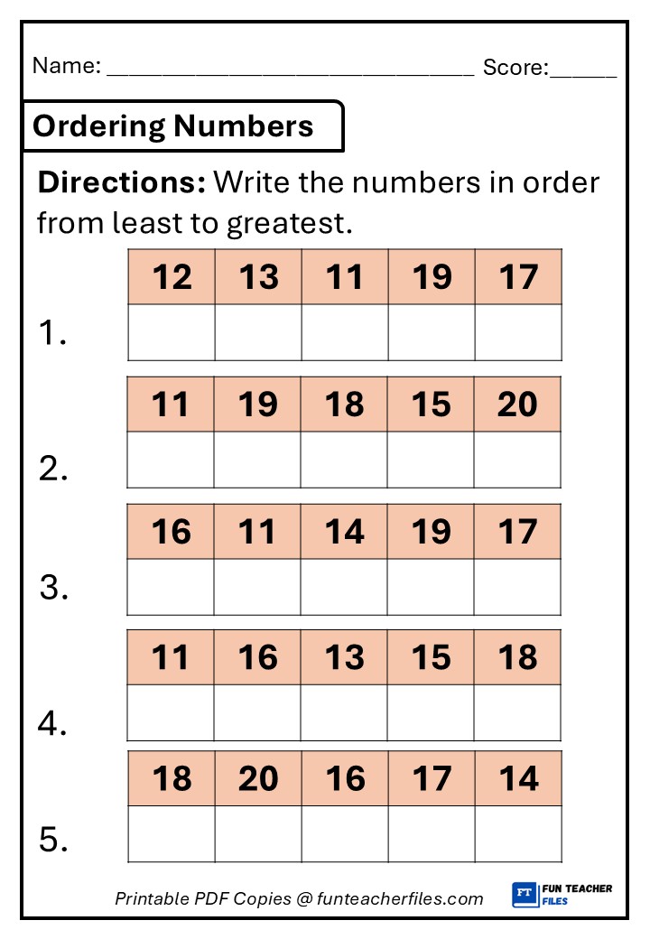 Order Numbers 11 to 20 from Least to Greatest Worksheet 1 - Fun Teacher ...