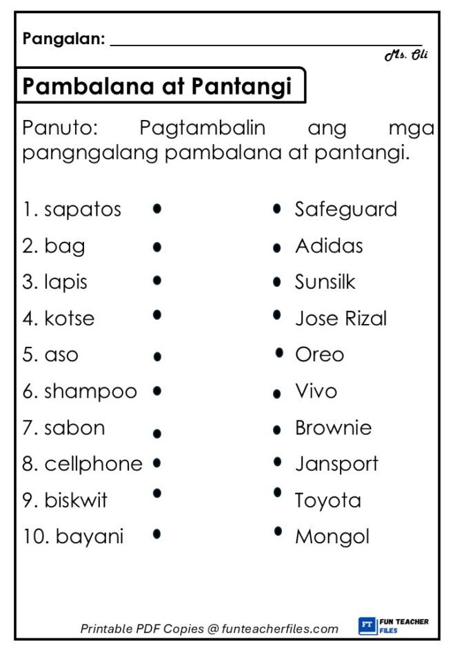 Pangngalang Pambalana at Pantangi Worksheet 2 - Fun Teacher Files